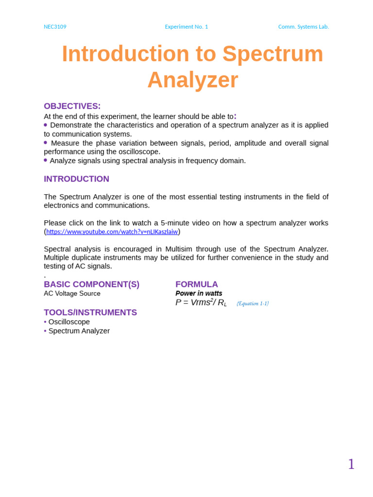 De Vera Experiment No. 1 An Introduction To Spectrum Analyzer | PDF