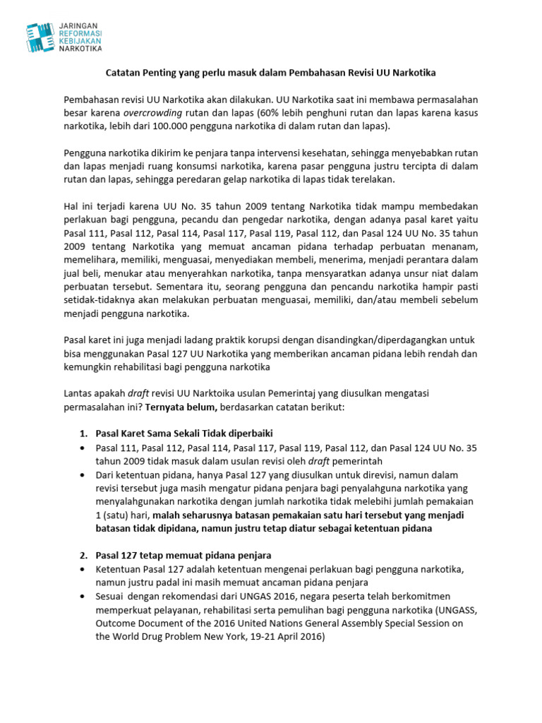 Catatan Penting Yang Perlu Masuk Dalam Pembahasan Revisi UU Narkotika | PDF