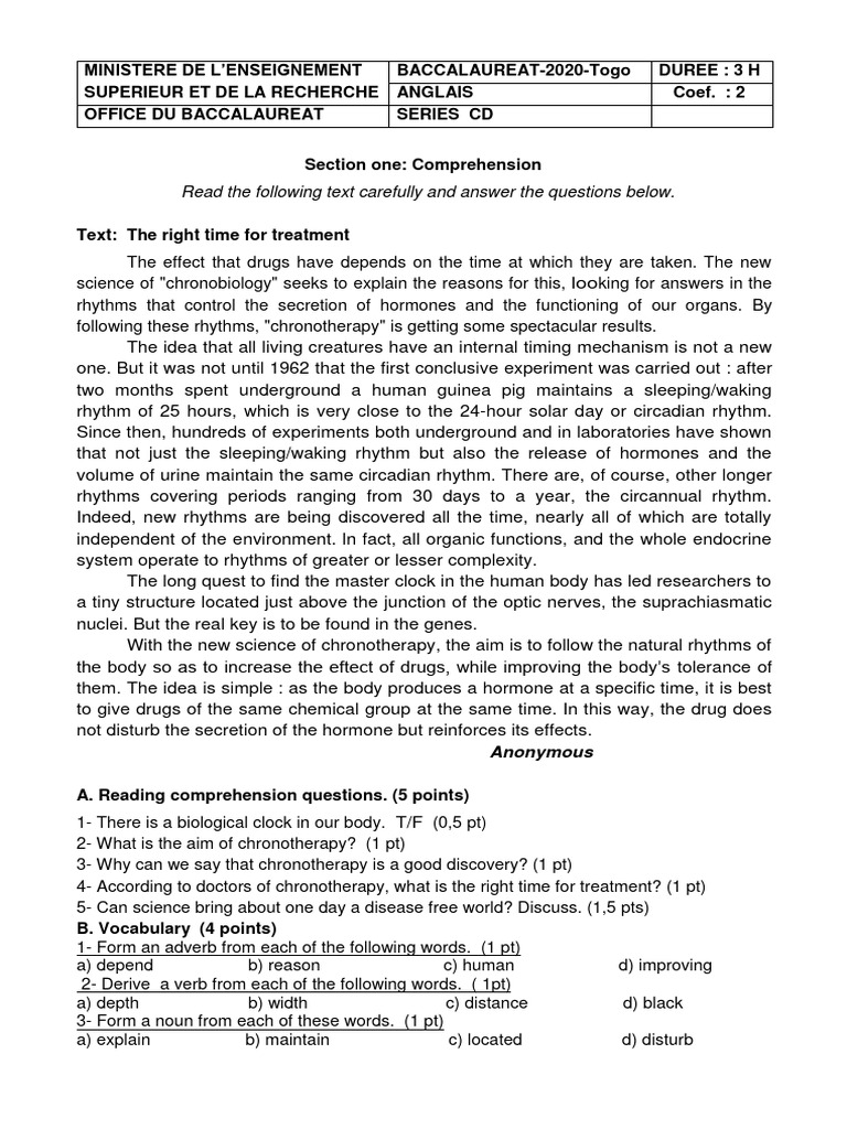 Epreuve Bac CD 2020 Anglais Togo | PDF