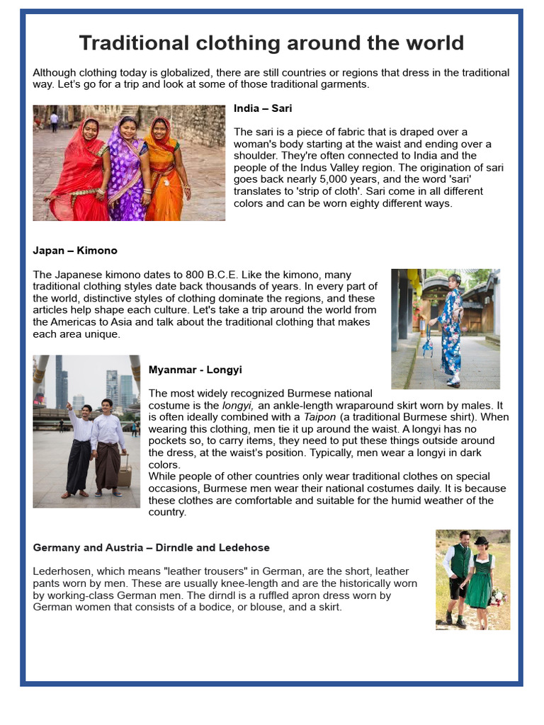 Clothes Traditional Clothing Around The World Reading Comprehension ...