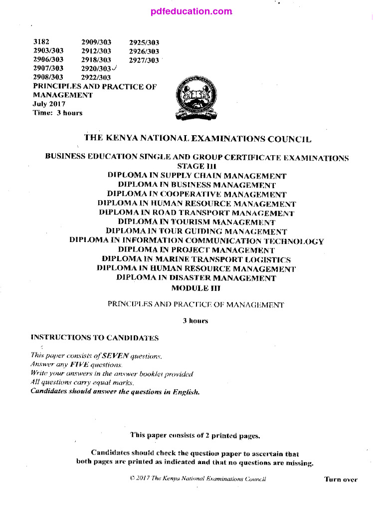 Principles and Practices of Management KNEC Past Exam Papers July 2017 ...
