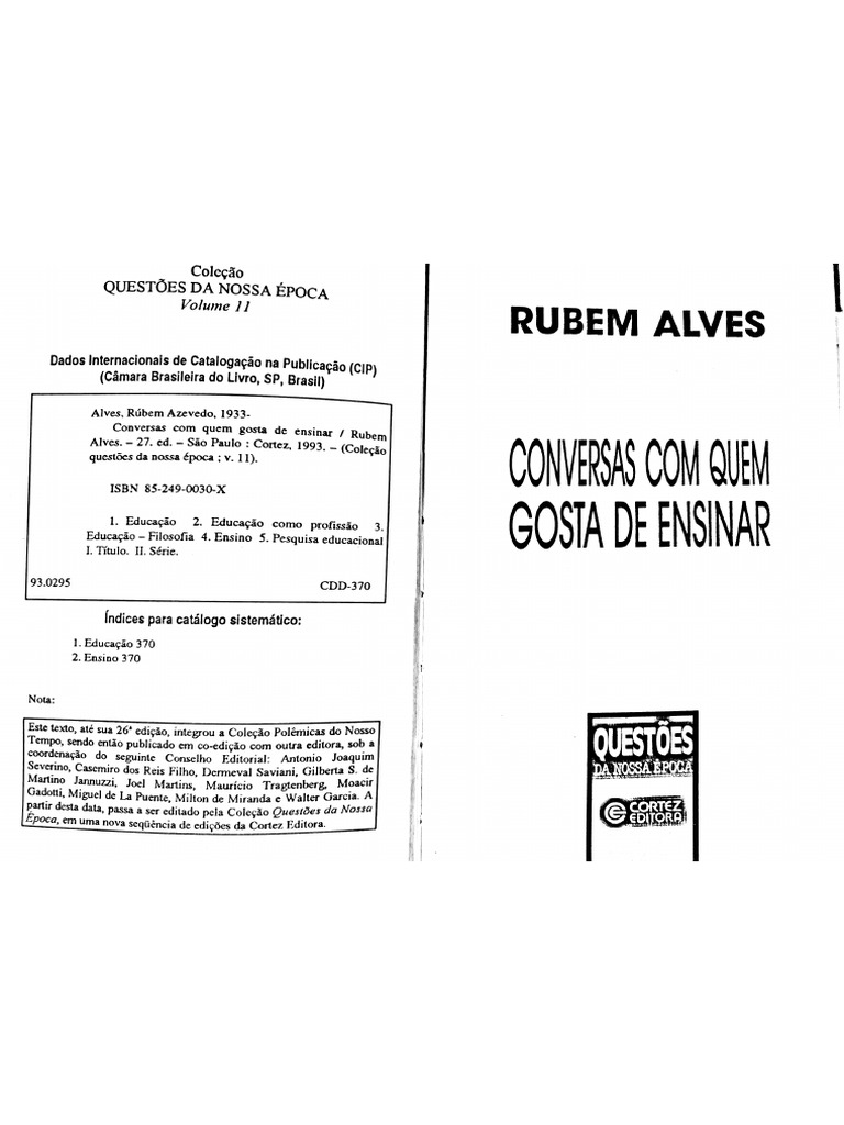 Alves Rubem Conversas Com Quem Gosta De Ensinar Cap Sobre