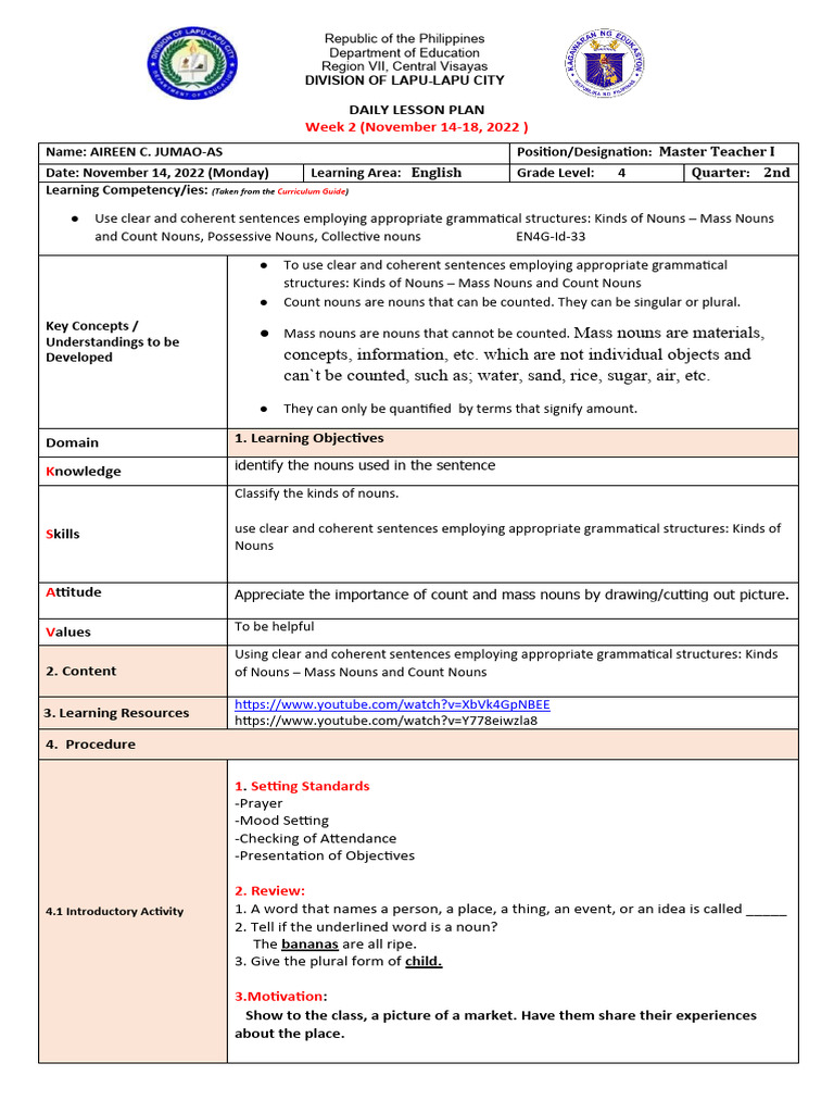 Grade 4 English Lesson Plan: Nouns | PDF