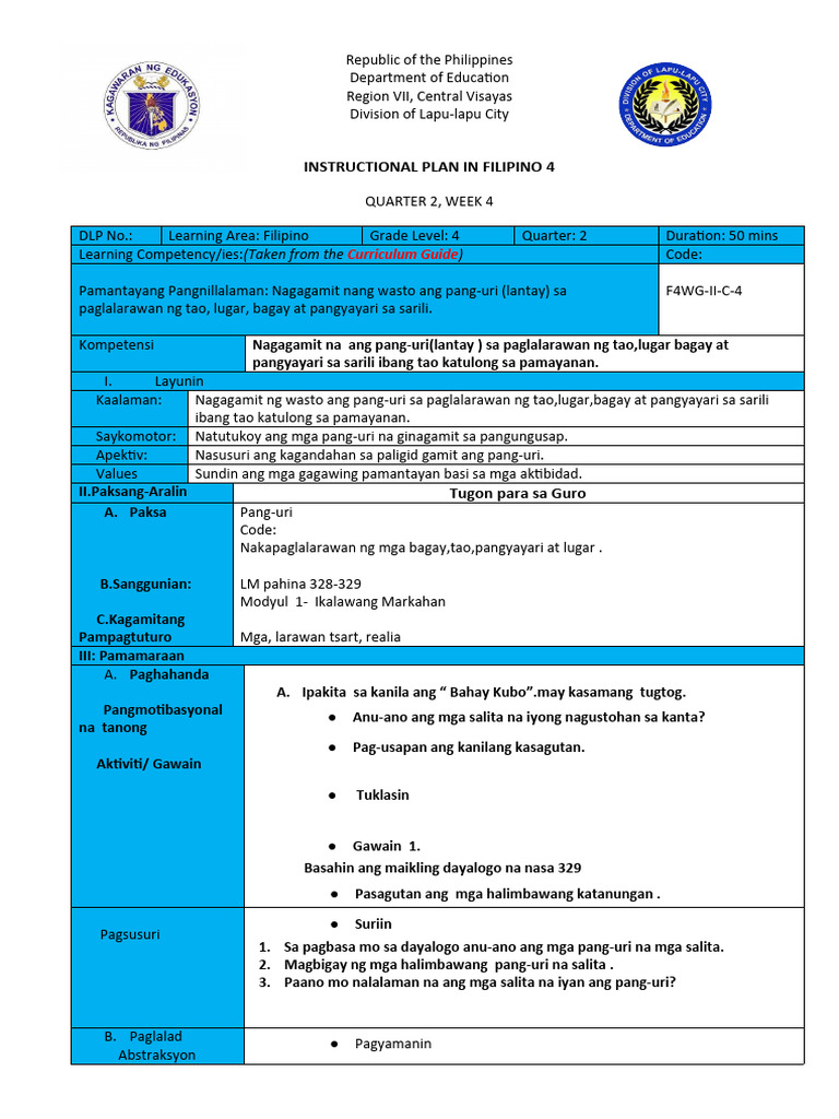 Iplan in Filipino4 Q2 Week1 Day 4 | PDF