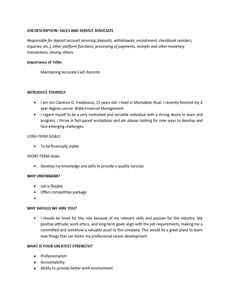 Union Bank Sales Associate Interview Guide | PDF | Job Interview ...