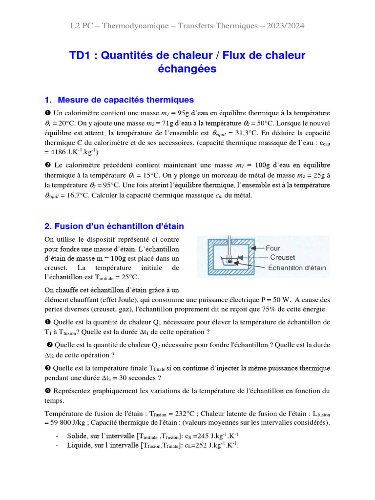 2023-2024_TD1 Quantités de Chaleur | PDF