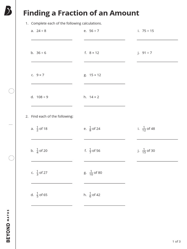 Finding A Fraction of An Amount (Print) | PDF