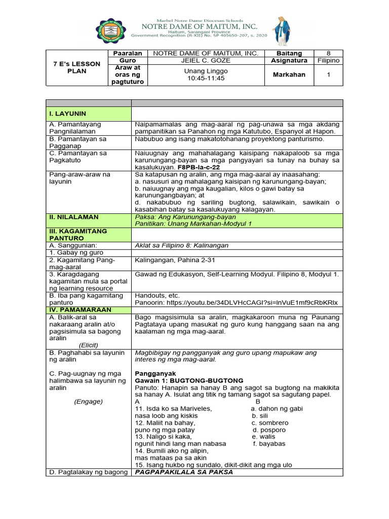 Fil 8 Banghay Aralin - Q1 - W1 | PDF