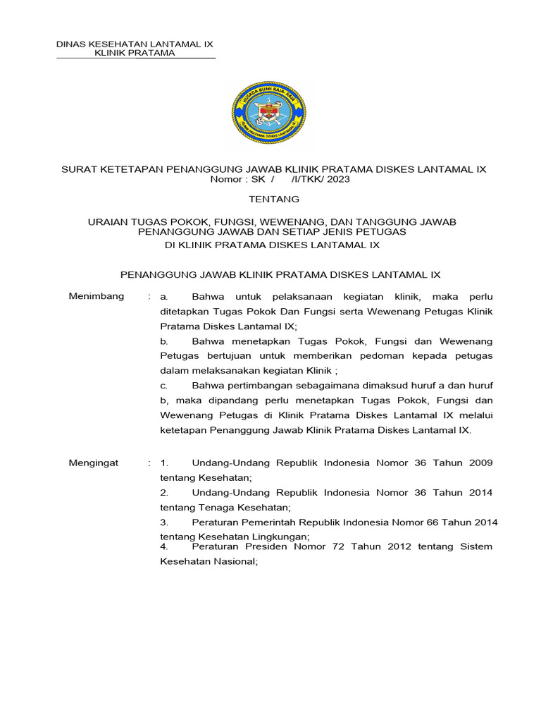 TKK 1 SK Uraian Tugas Pokok, Fungsi, Wewenang, Dan Tanggung Jawab Kepala | PDF