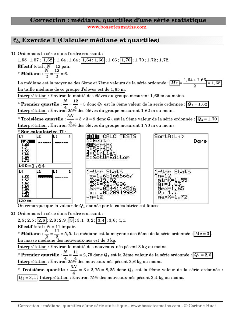 Médiane Et Quartiles Dune Série Statistique Corr Exos Pdf