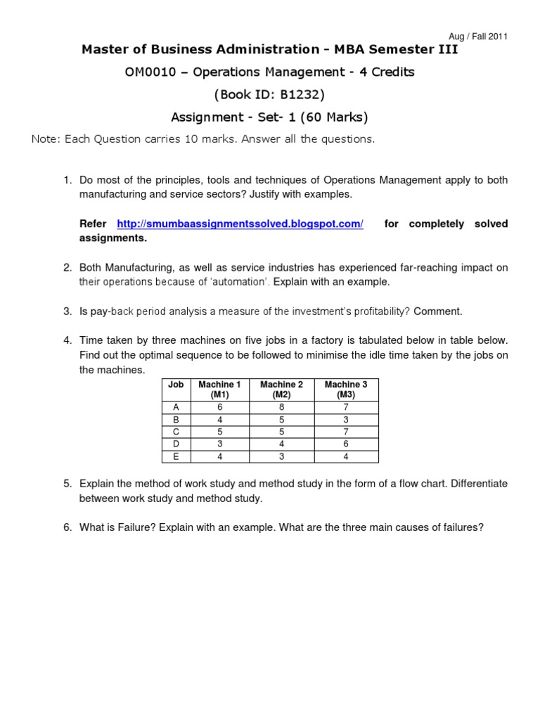 MBA Operations Management Assignments | PDF | Finance & Money Management