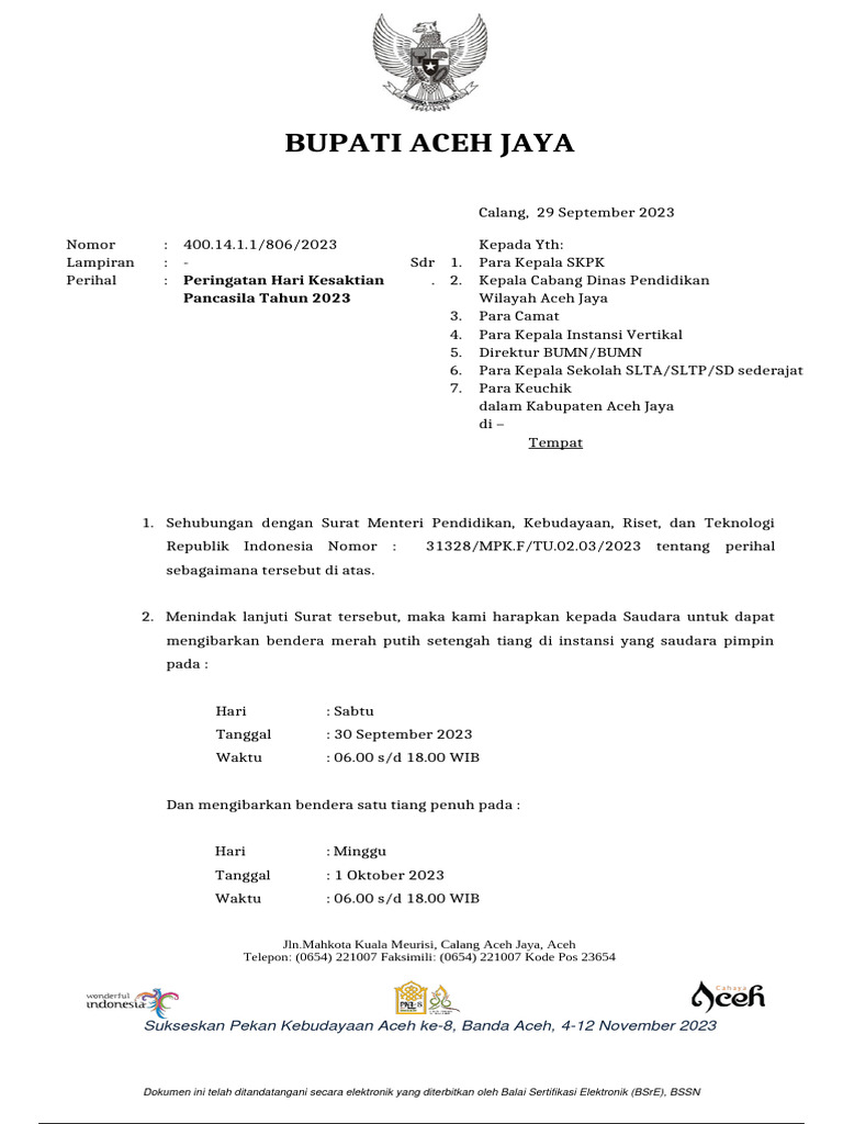 Surat Peringatan Dan Pengibaran Bendera Pada Hari Kesaktian Pancasila Tahun 2023 | PDF