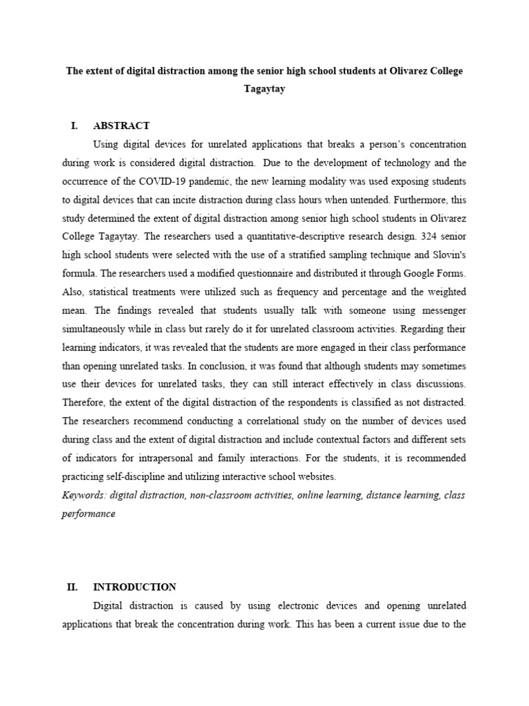 The Extent of Digital Distraction Among The Senior High School Students ...