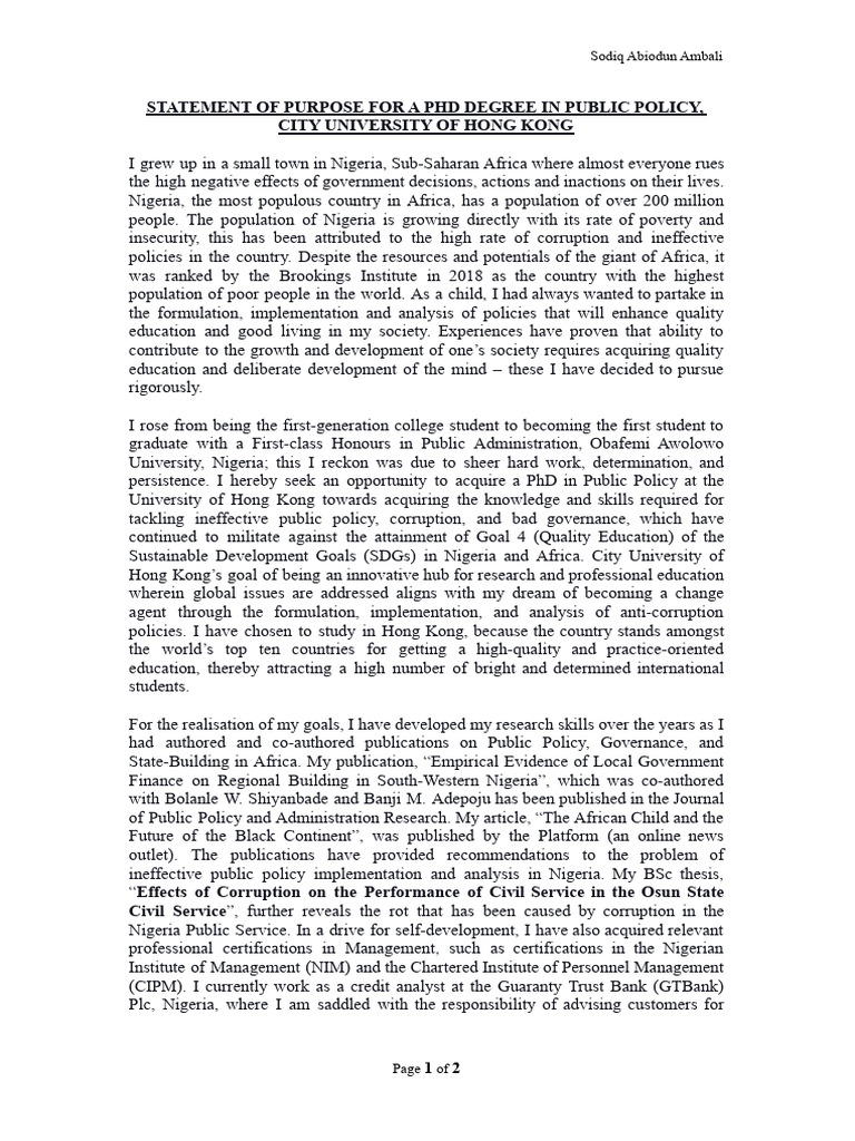 Statement of Purpose For A PHD Degree in Public Policy, City University ...