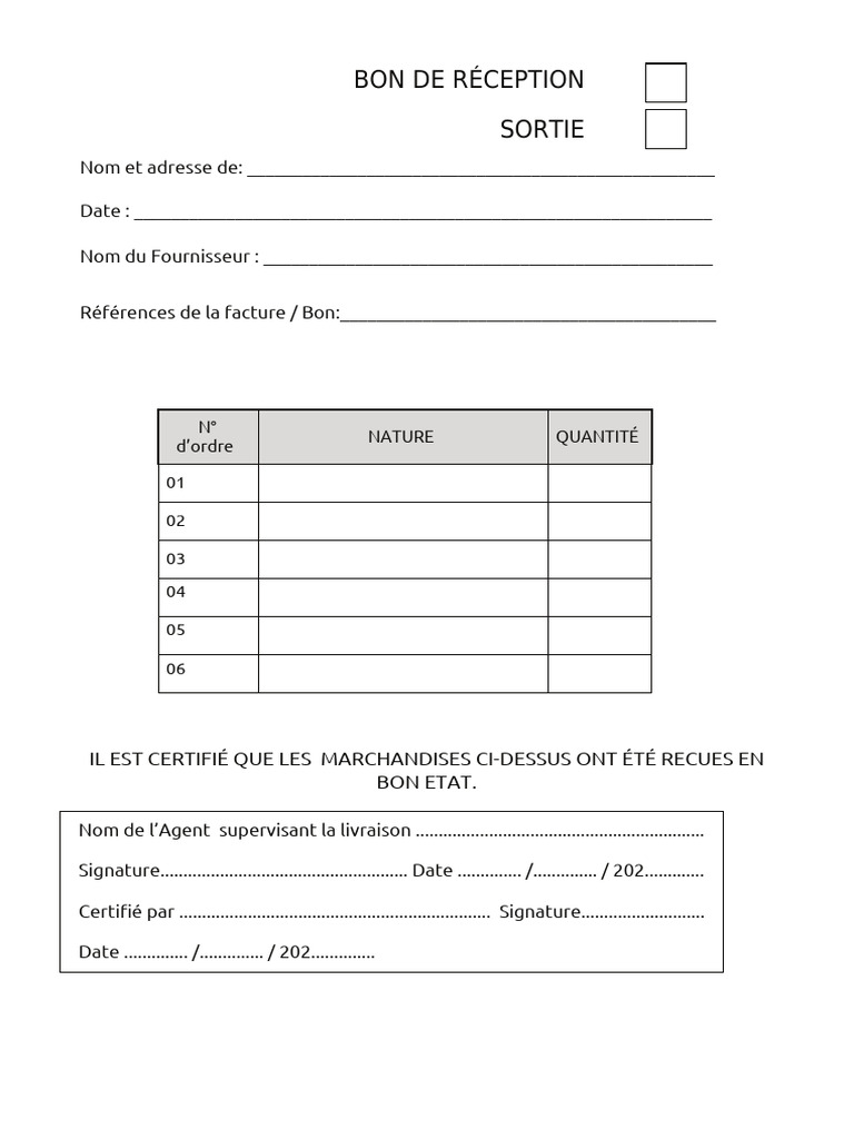 Modele Bon de Reception | PDF