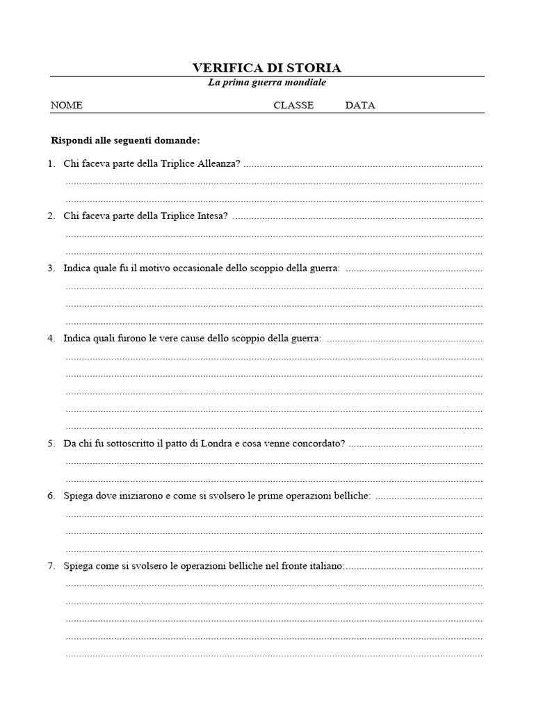 Storia Prima Guerra Mondiale Verifica | PDF