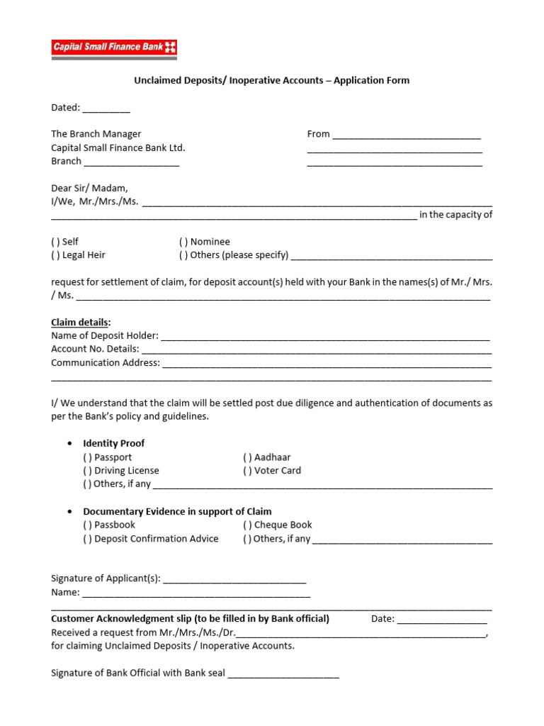 Capital Bank Unclaimed Deposits-Inoperative Accounts Application Form | PDF