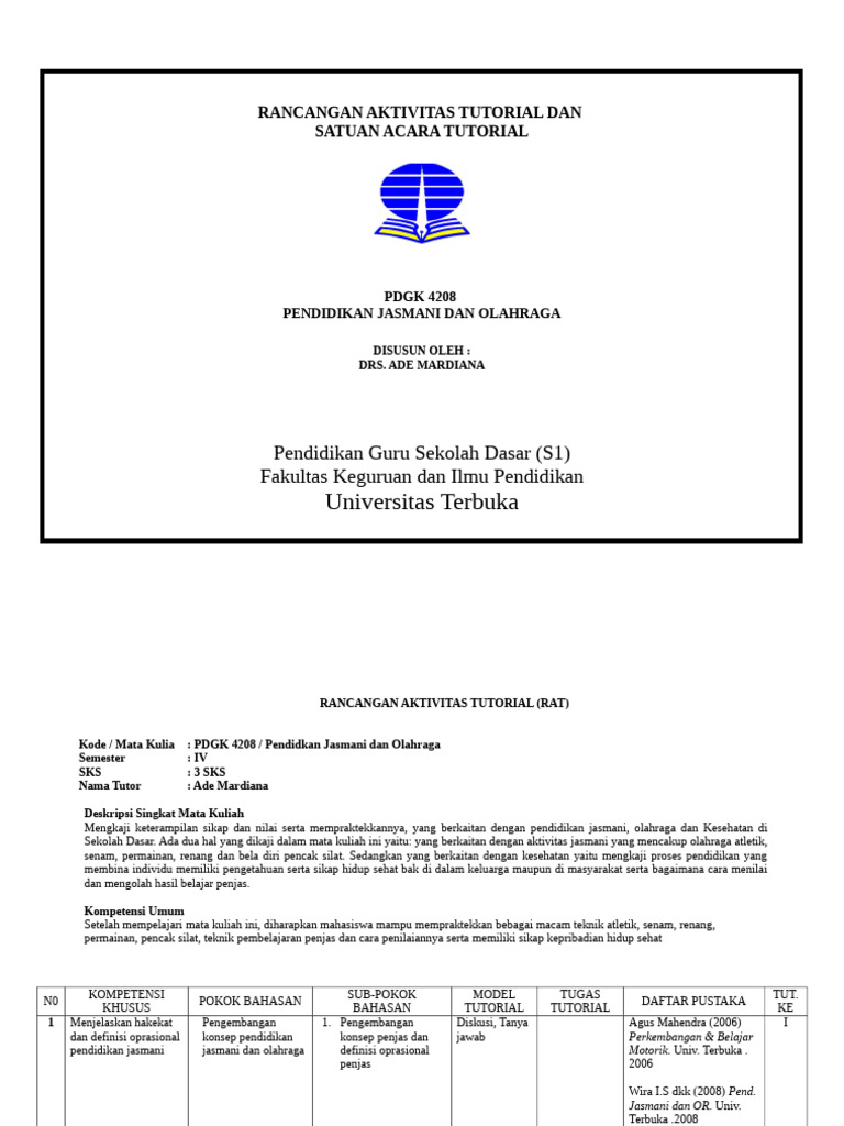 Universitas Terbuka: Rancangan Aktivitas Tutorial Dan Satuan Acara Tutorial | PDF