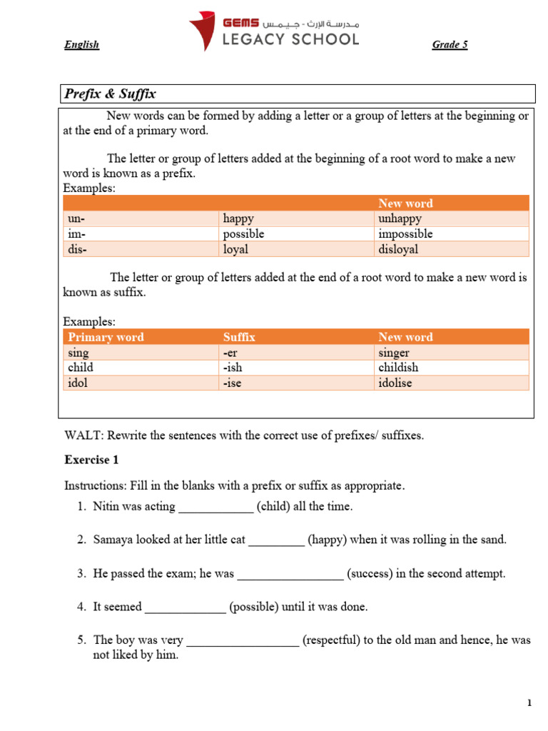 Prefixes and Suffixes - Written Work With AK - Grammar Exercise Book ...