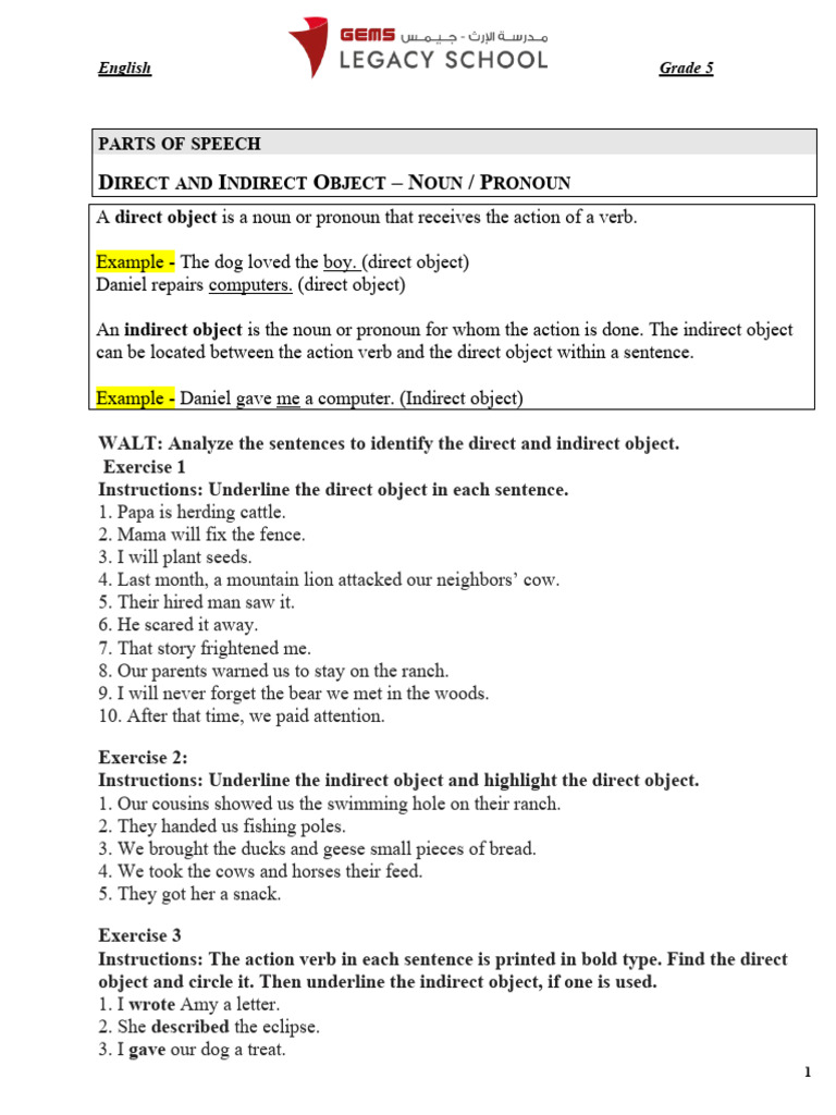 Direct and Indirect Object - AK - Grammar Exercise Book - Grade 5 | PDF