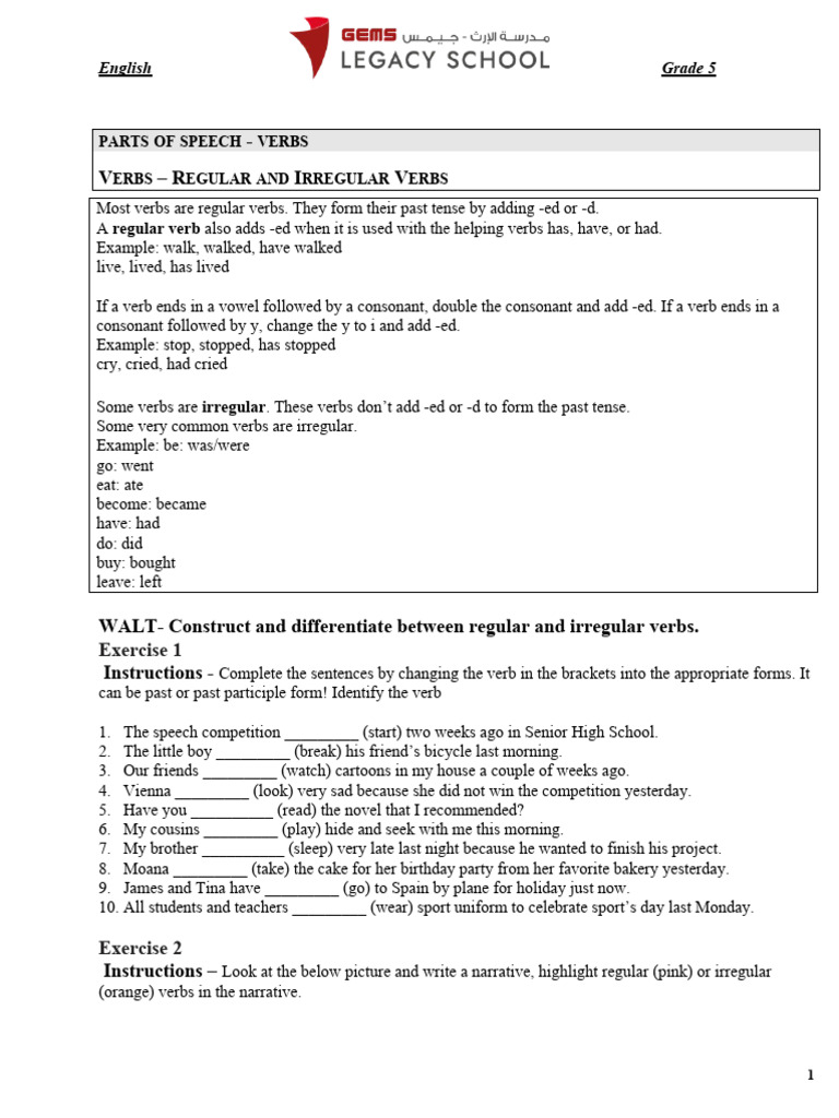 Regular and Irregular Verbs - AK - Grammar Exercise Book - Grade 5 | PDF