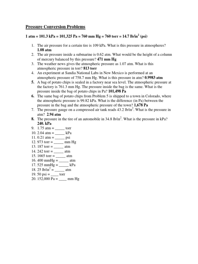Pressure Conversion Problems | PDF