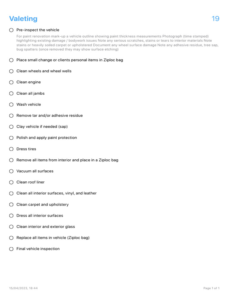 Valeting Checkist | PDF