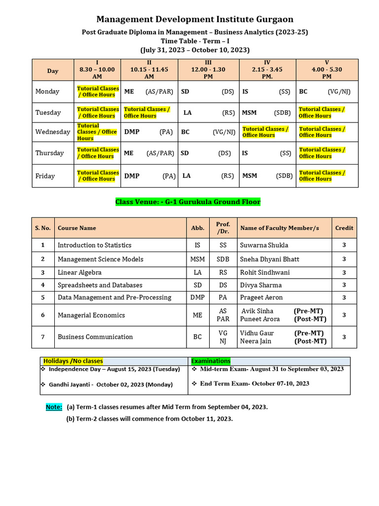 PGDM-Business Analytics (2023-25) Term - 1 Time Table PDF | PDF