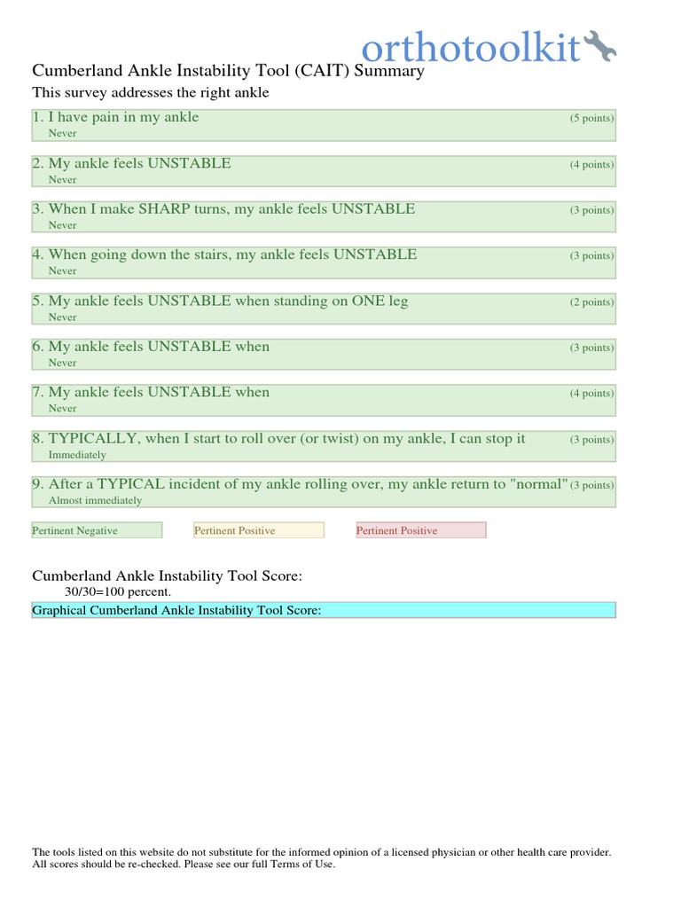 OrthoToolKit Cumberland Ankle Instability Tool (CAIT) Score Report | PDF