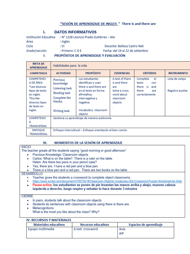 Sesión de Aprendizaje de Ingles Primero | PDF