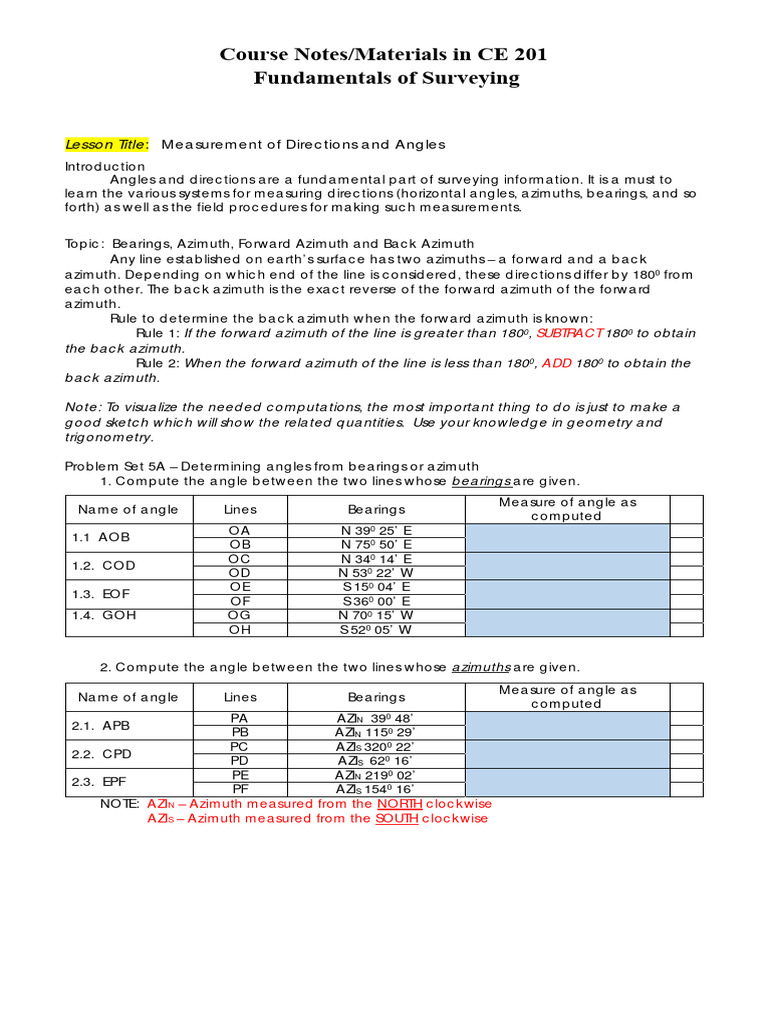 Course Notes ANGLES AND DIRECTION B | PDF | Azimuth | Surveying