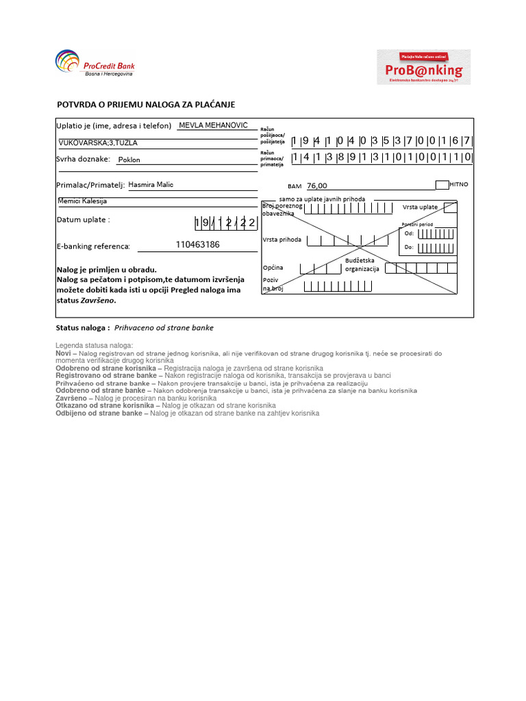 Potvrda O Prijemu Naloga Za Plaćanje: Uplatio Je (Ime, Adresa I Telefon) | PDF