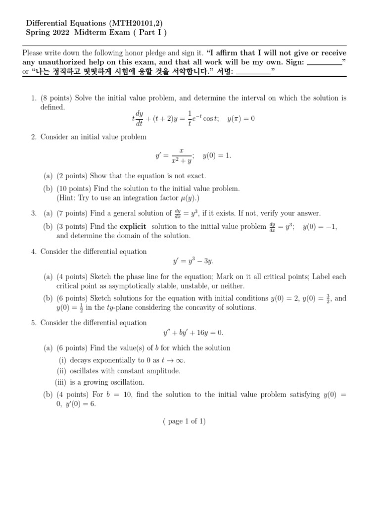 SP22 DE Midterm Part 1 | PDF | Equations | Mathematical Physics
