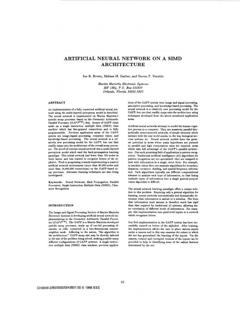 Artificial Neural Network On A Simd Architecture | PDF