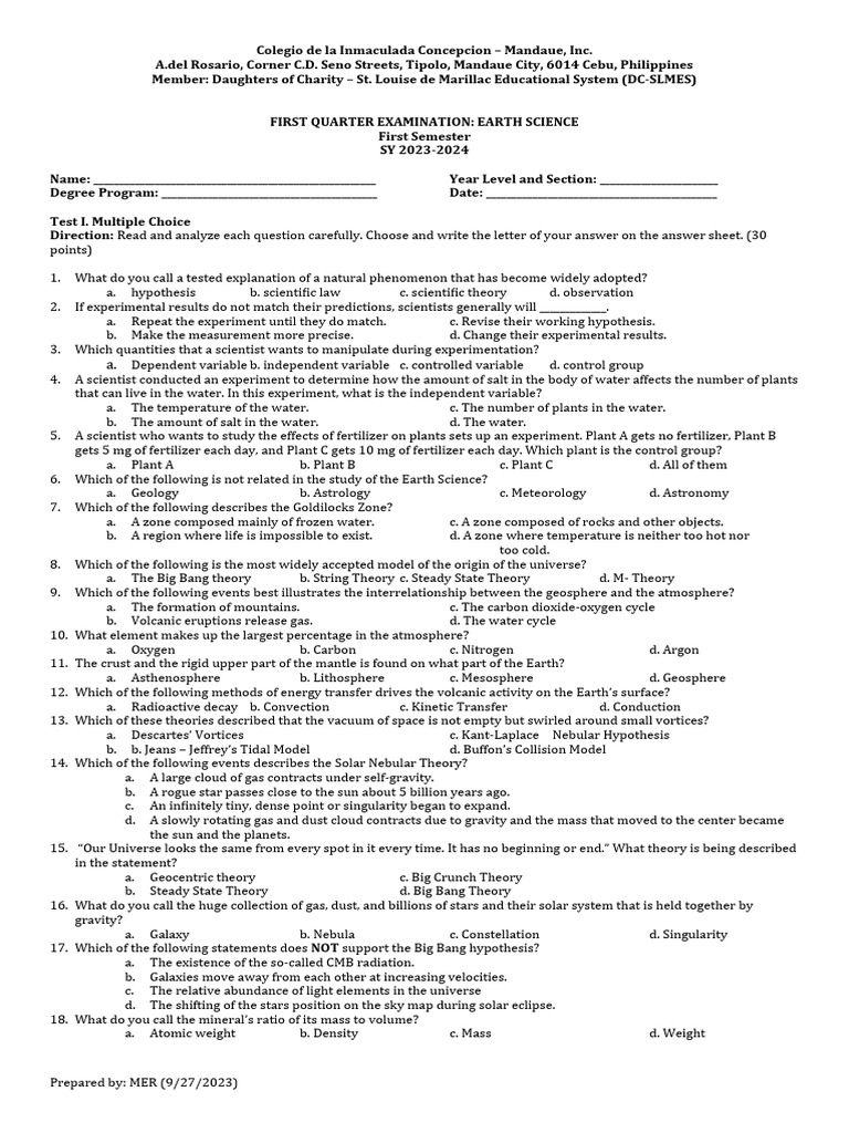 Grade 11 Earth Science Exam Q1 2023-2024 | PDF | Minerals | Experiment