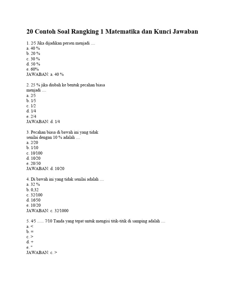 20 Contoh Soal Rangking 1 Matematika Dan Kunci Jawaban Untuk Pesantren ...