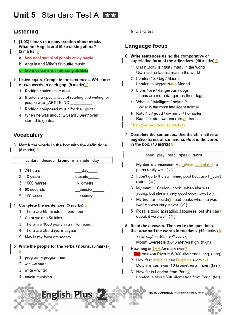 Unit 5 Listening and Language Test | PDF