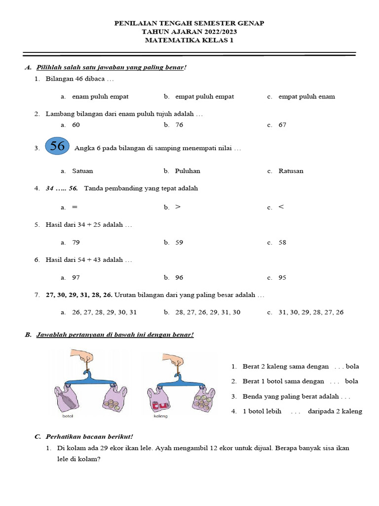 Kelas 1 Semester 2 - Uts MTK | PDF