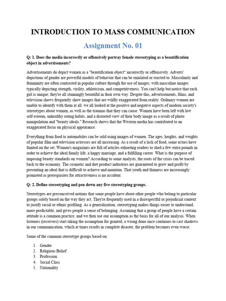 INTRODUCTION TO MASS COMMUNICATION Assignment-01 Solution | PDF