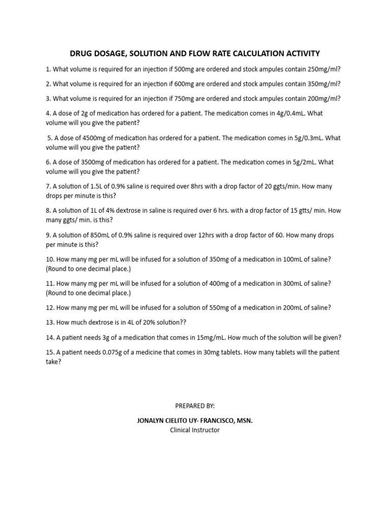 Drug Dosage Calculation and Flow Rate Calculation Activity | PDF | Self ...