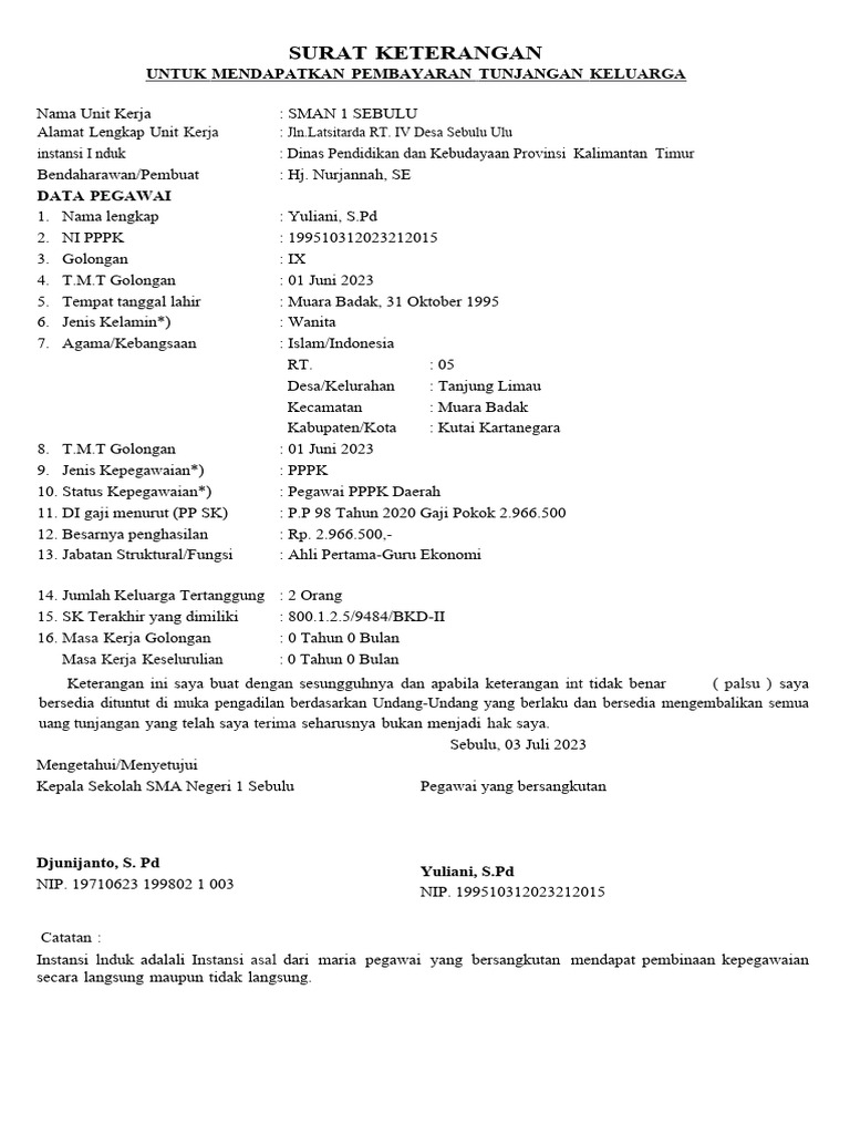 Surat Keterangan Model D Yuliani | PDF