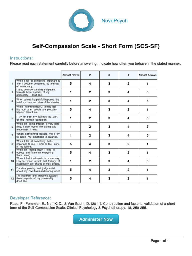 SCS SF Self Compassion Scale Blank Form | PDF