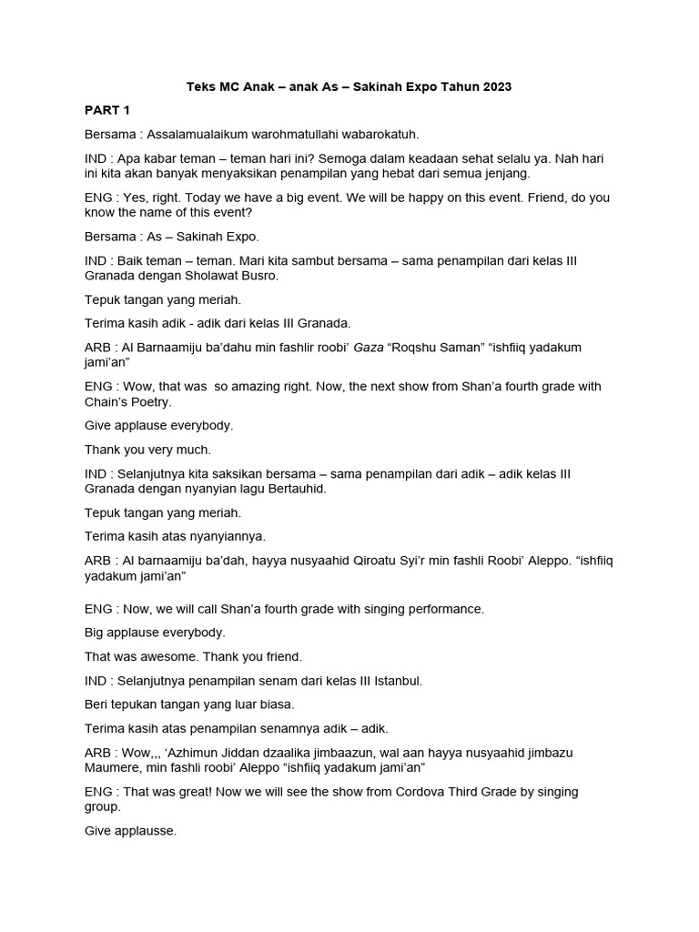 Teks MC Anak 2 AsSakinah Expo 2023 | PDF