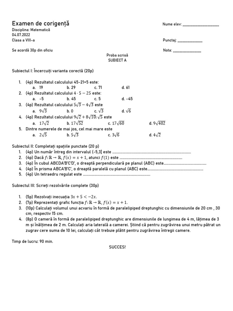 Examen Corigență - CLS 8 | PDF