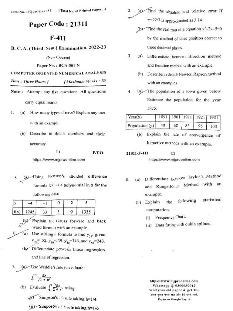 Bca 3 Sem Computer Oriented Numerical Analysis 21311 2023 | PDF