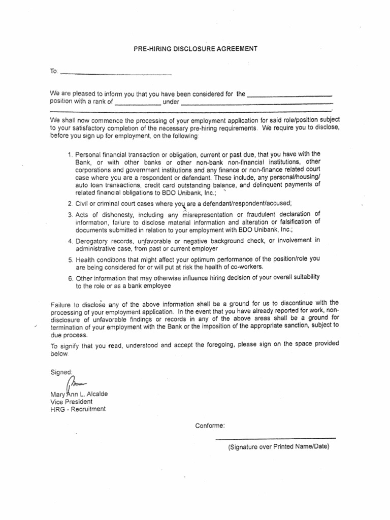 Pre Hiring Disclosure Agreement Form | PDF