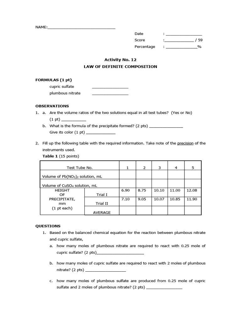 Law of Definite Composition - Answer SHeet | PDF | Mole (Unit ...