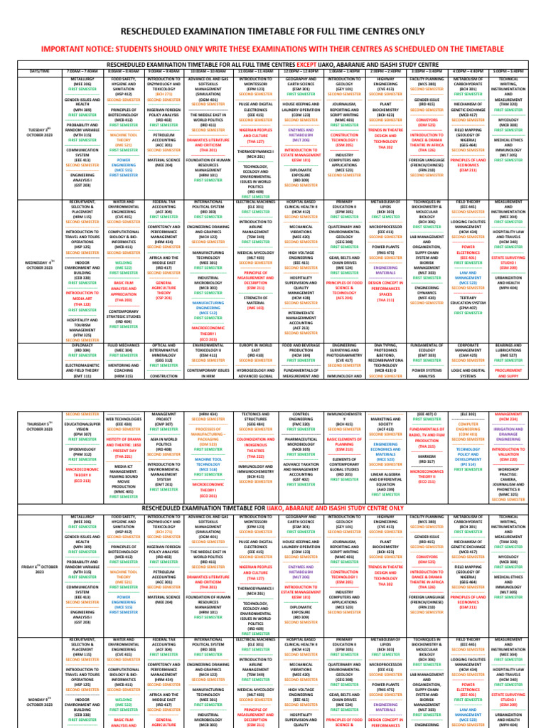 Rescheduled Examination Timetable For Full Time Students | Download Free PDF | Engineering ...