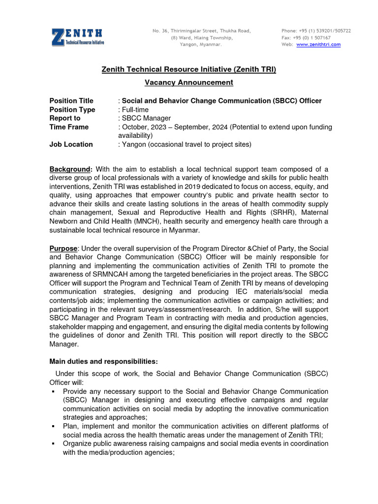 VA Social and Behavior Change Communication SBCC Officer ZenithTRI ... VA Social and Behavior Change Communication SBCC Officer ZenithTRI ...