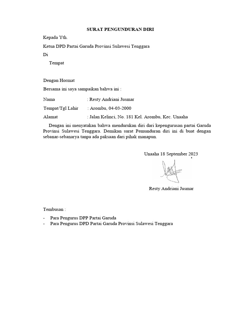 SURAT PENGUNDURAN DIRI Partai | PDF